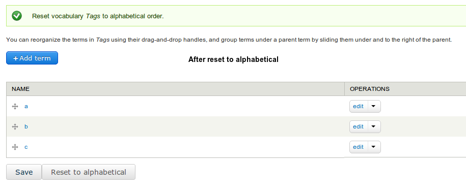 Reset to alphabetical not working after clicking on the save button. [#1913276] | Drupal.org